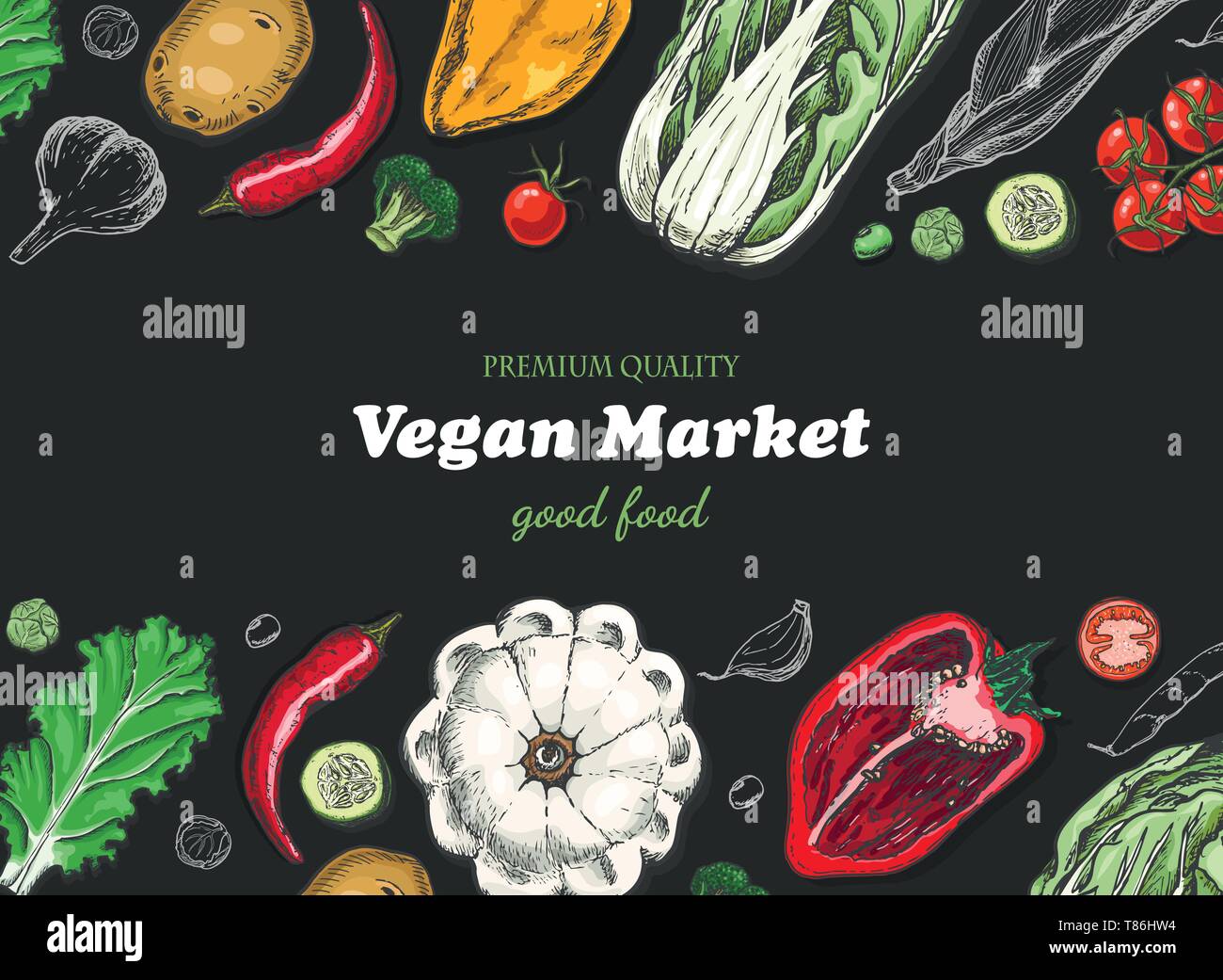 Horizontal background with different vegetables. Organic food. Vector ...