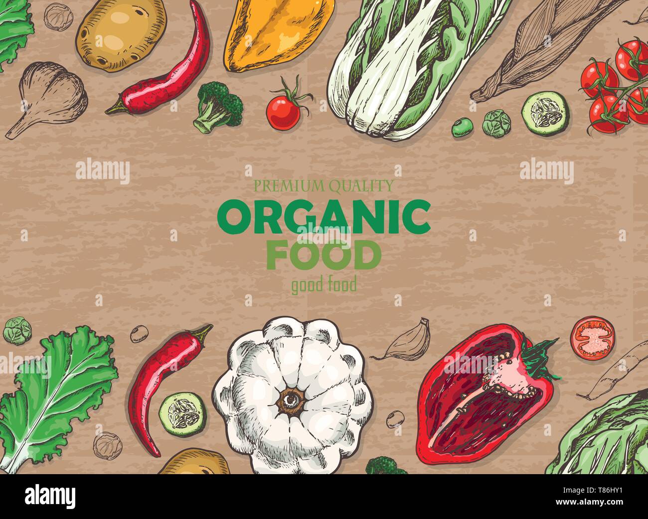 Horizontal background with different vegetables. Organic food. Vector ...