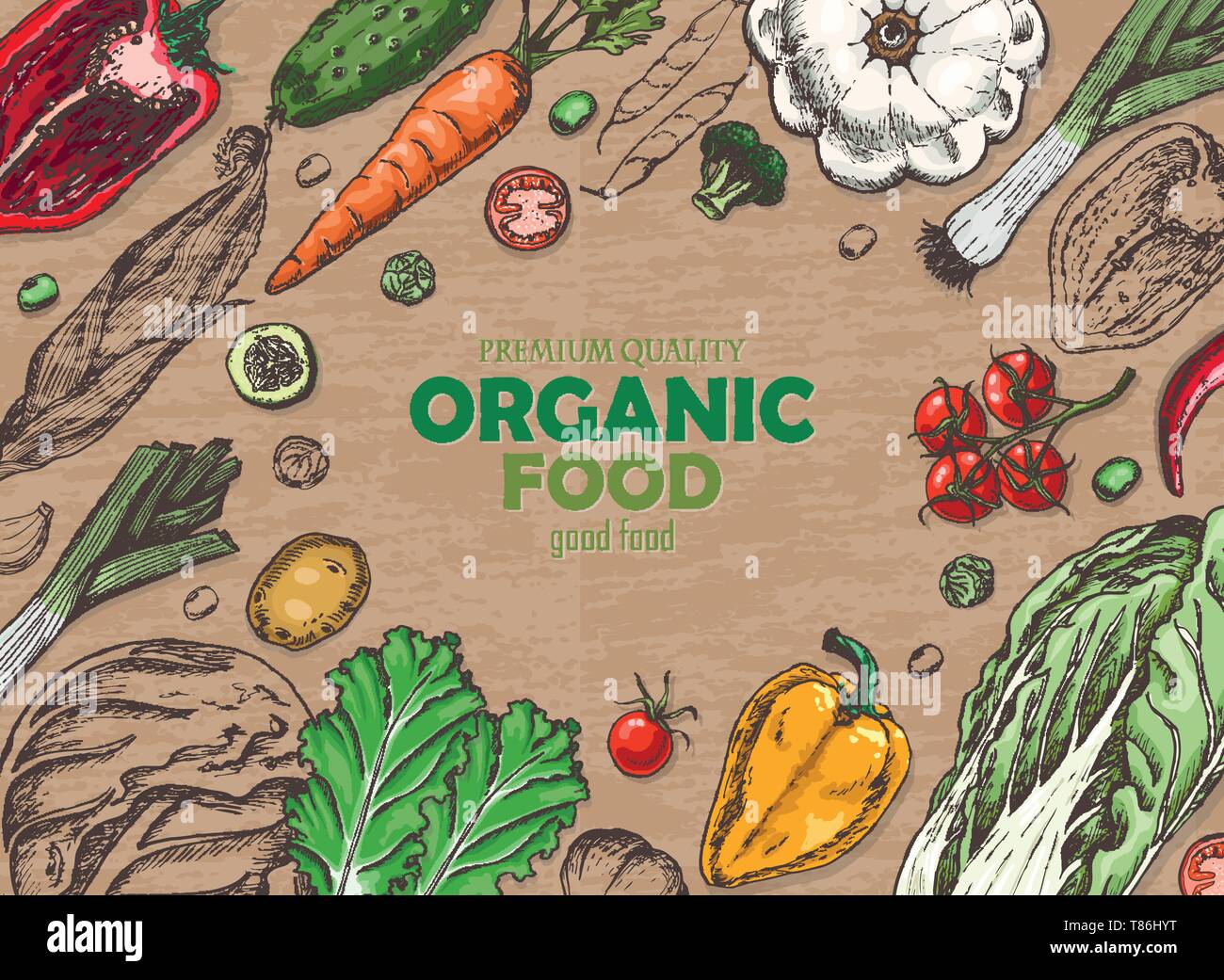 Horizontal background with different vegetables. Organic food. Vector ...
