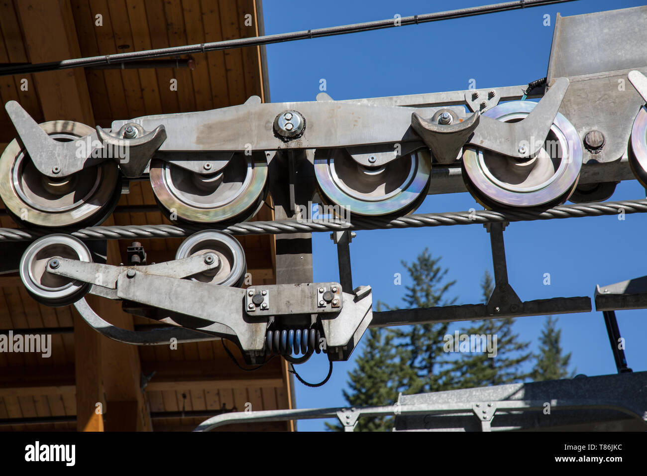 Metal construction ski lift engineering technology connection closeup ...