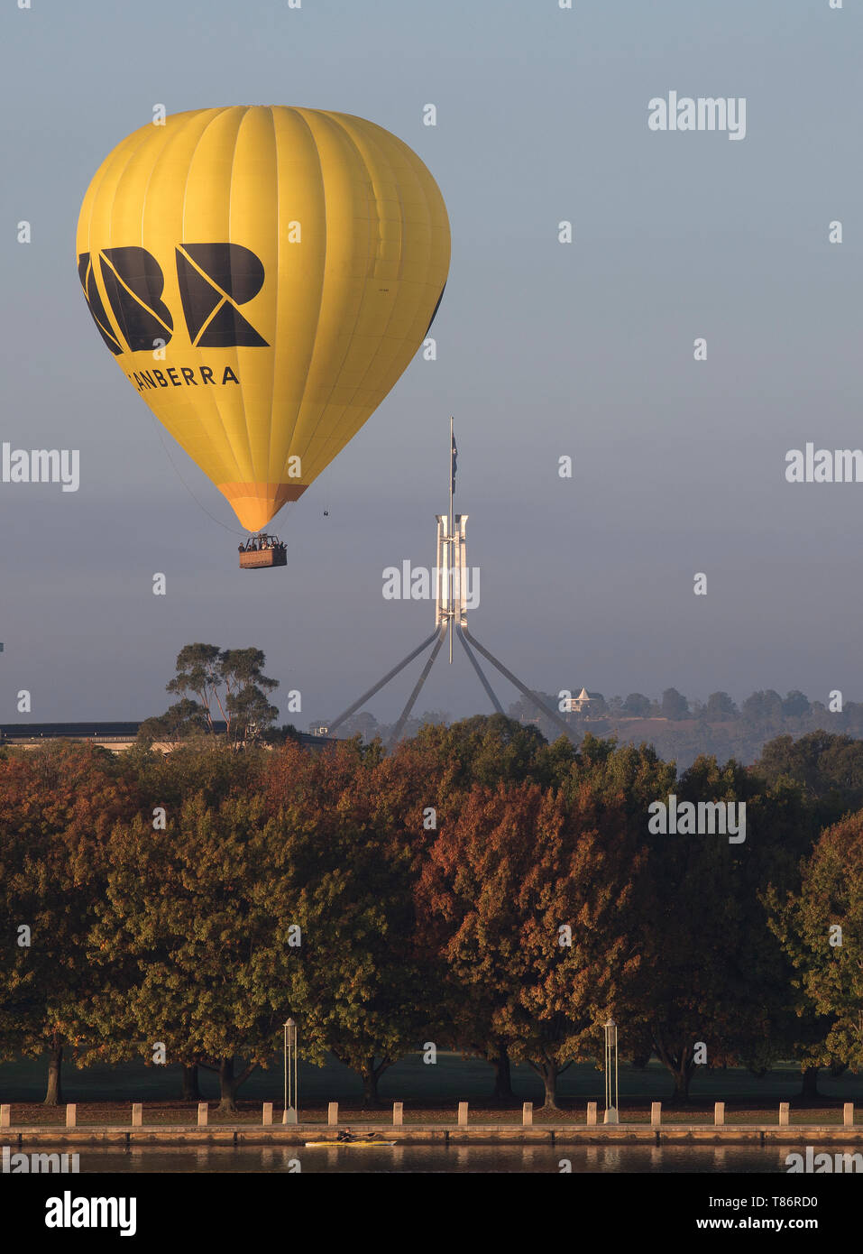 Balloon over Canberra Australia. Hot air balloon floats over Canberra ...