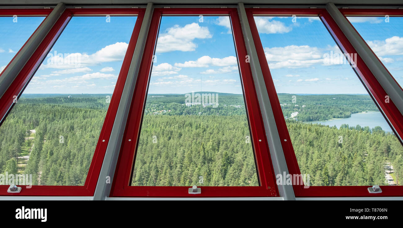 Scenic landscape through window with forest and lake view at sunny ...