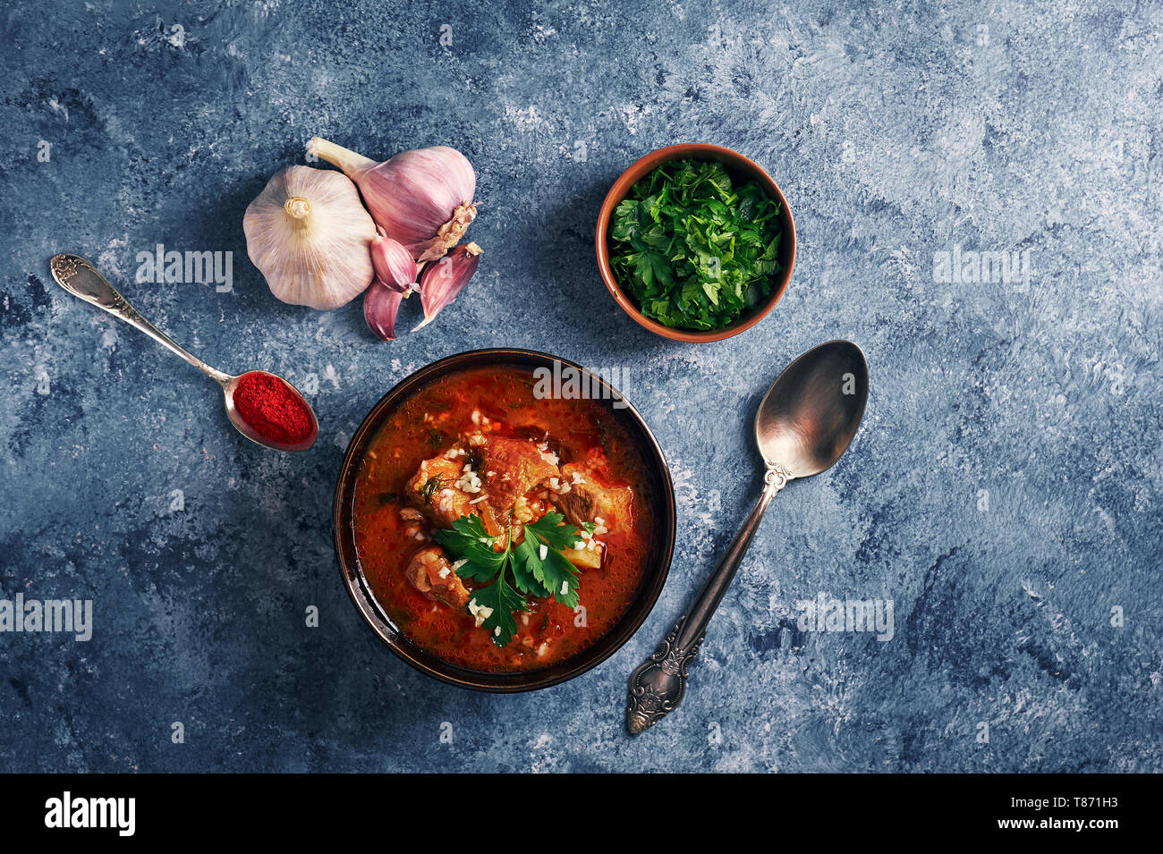 Kharcho soup - national Georgian cuisine dish with beef, rice, garlic ...