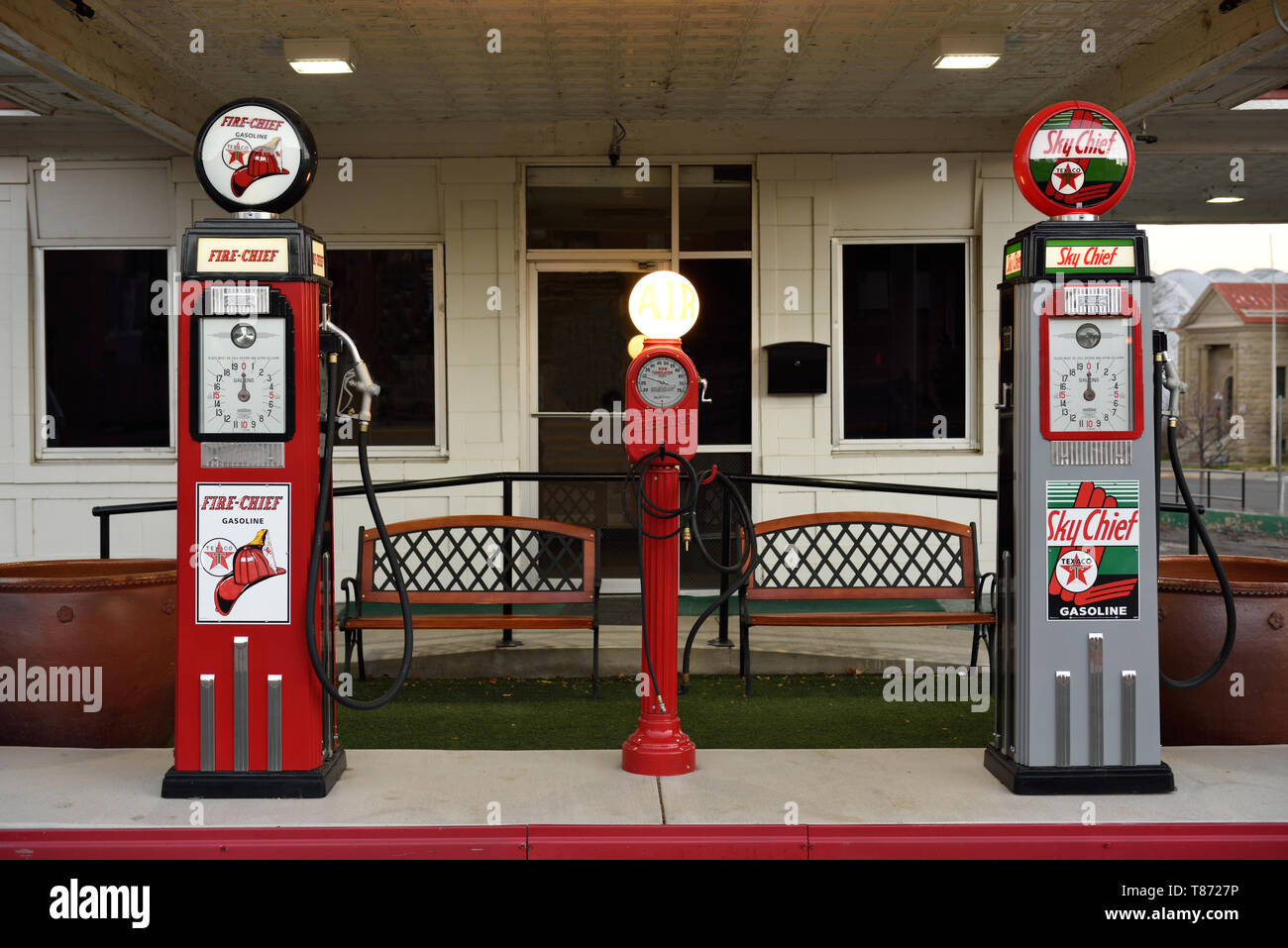 Antique art deco style gasoline station pumps, old fashioned vintage ...