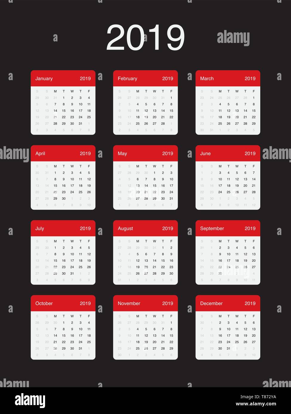 2019 Calendar Clean Minimal Simple Vector Design with a basic grid ...