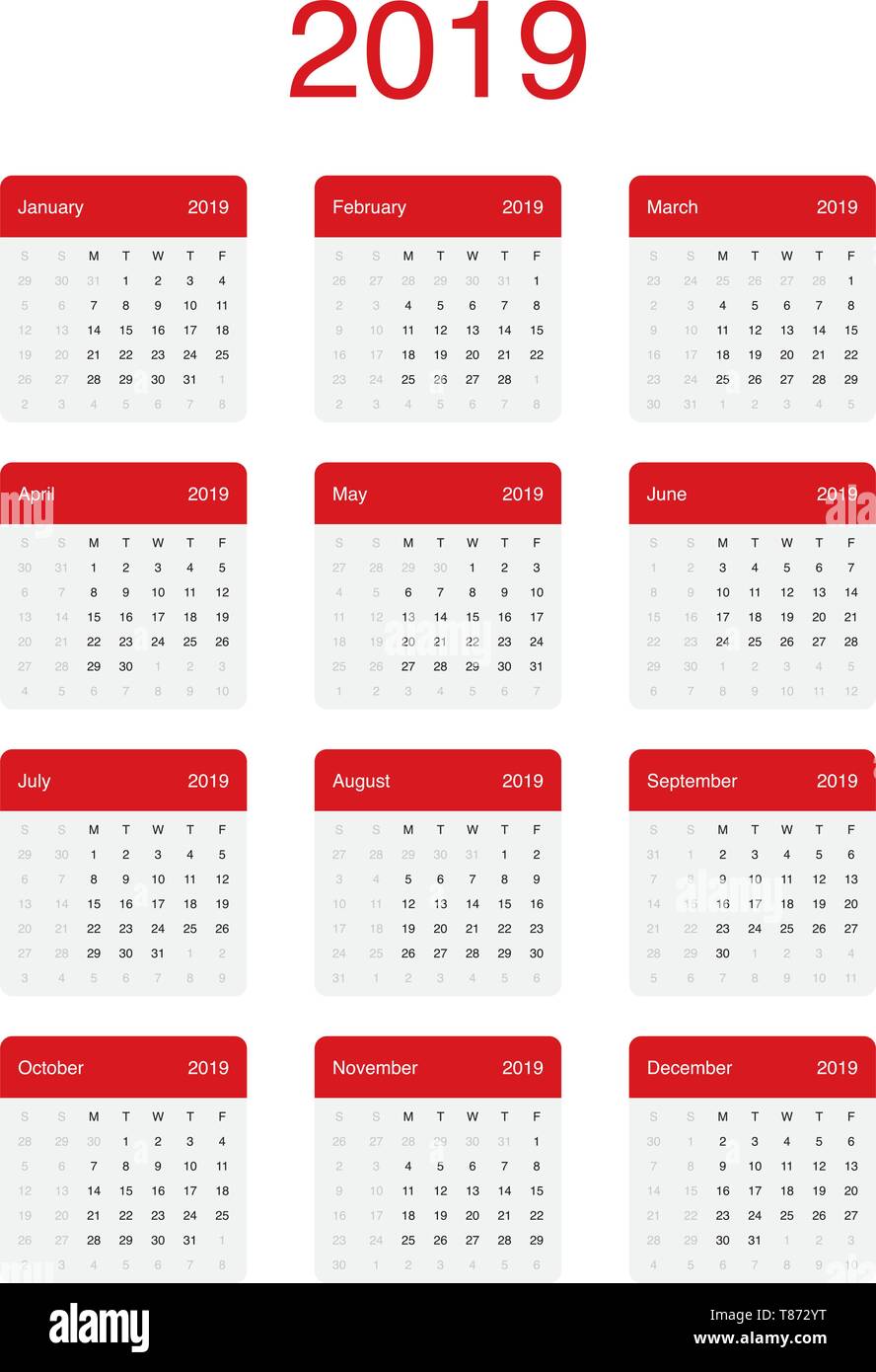 2019 Calendar Clean Minimal Simple Vector Design with a basic grid ...