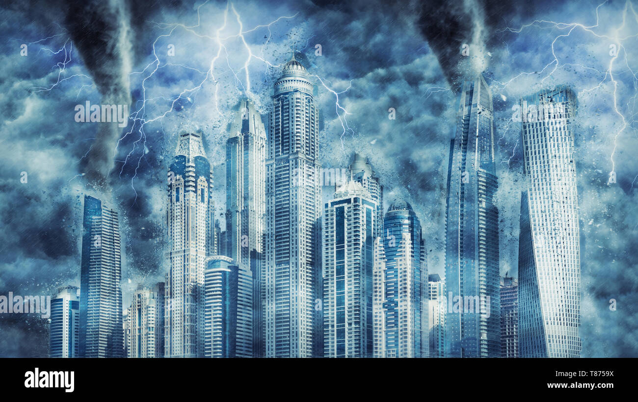 Dubai buildings during the heavy storm, rain and lighting in Dubai ...