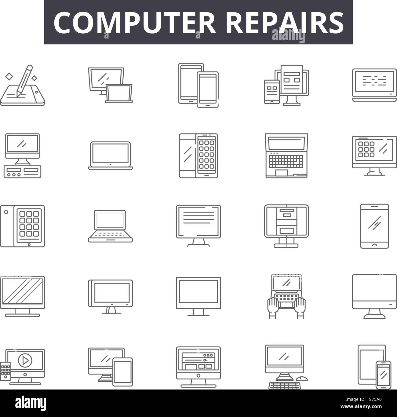 Computer repairs line icons, signs, vector set, outline concept, linear ...