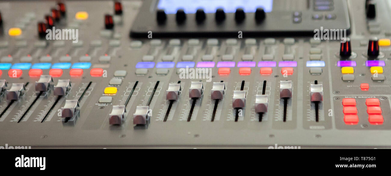 Sound recording studio mixing desk. Music mixer control panel Stock ...