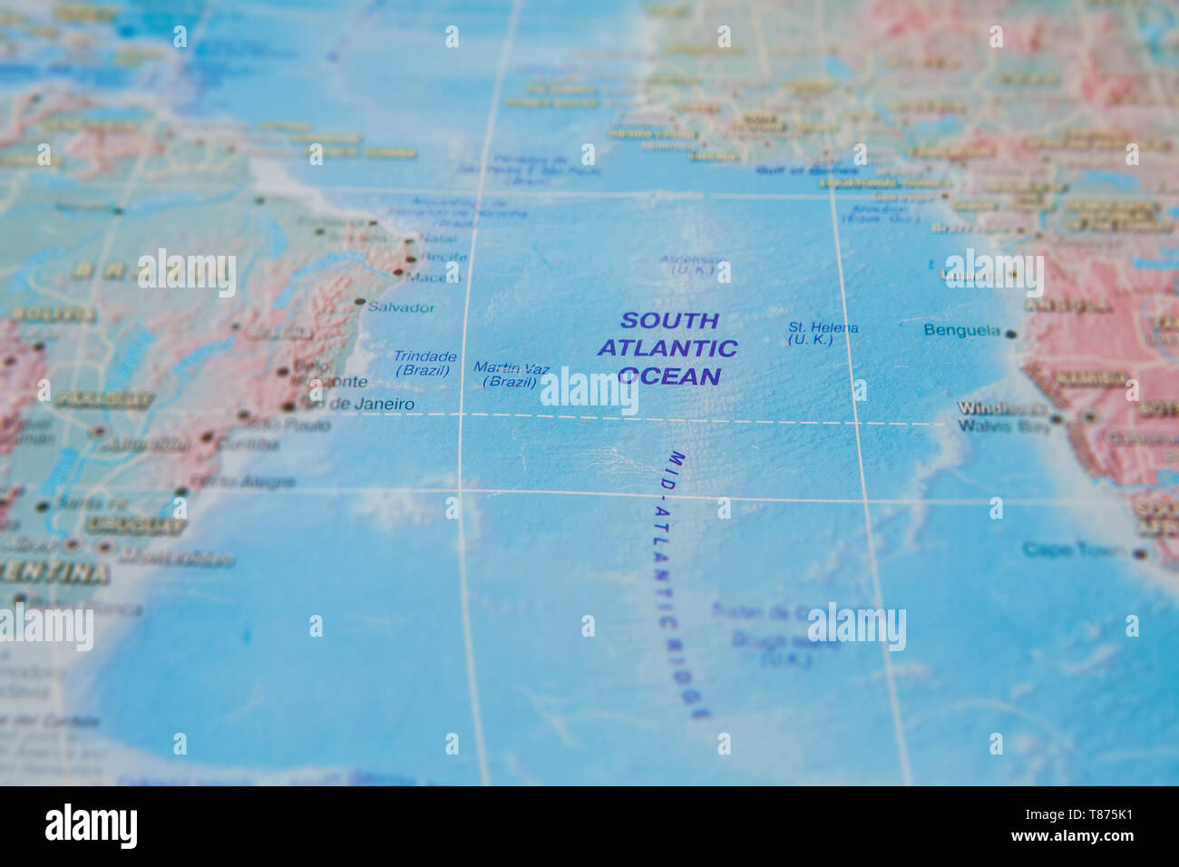 South Atlantic Ocean stralia in close up on the map. Focus on the name ...