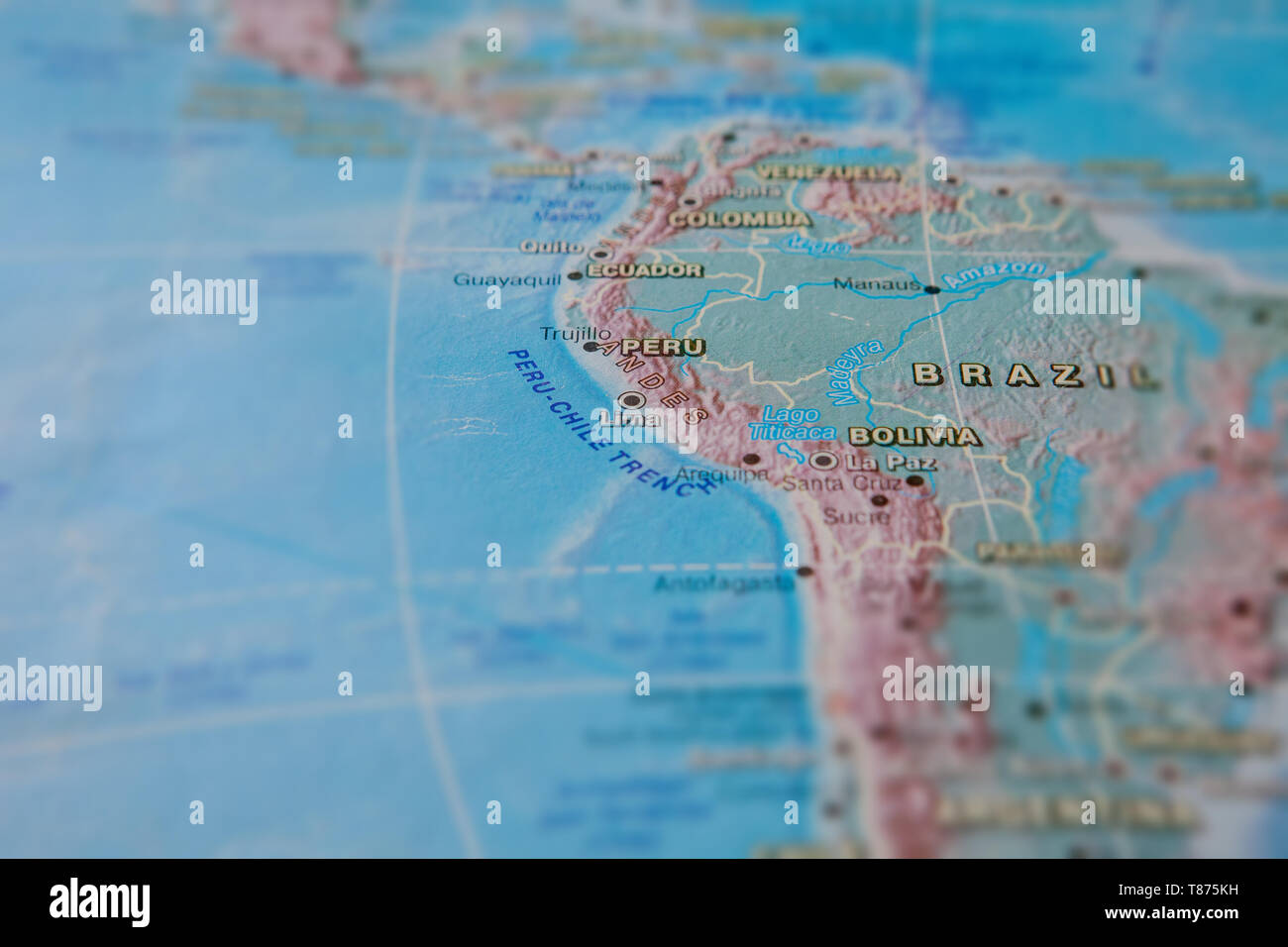 Brazil and Peru in close up on the map. Focus on the name of country ...
