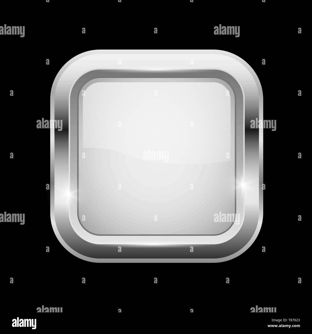 White square glass button with chrome frame. On black background Stock ...