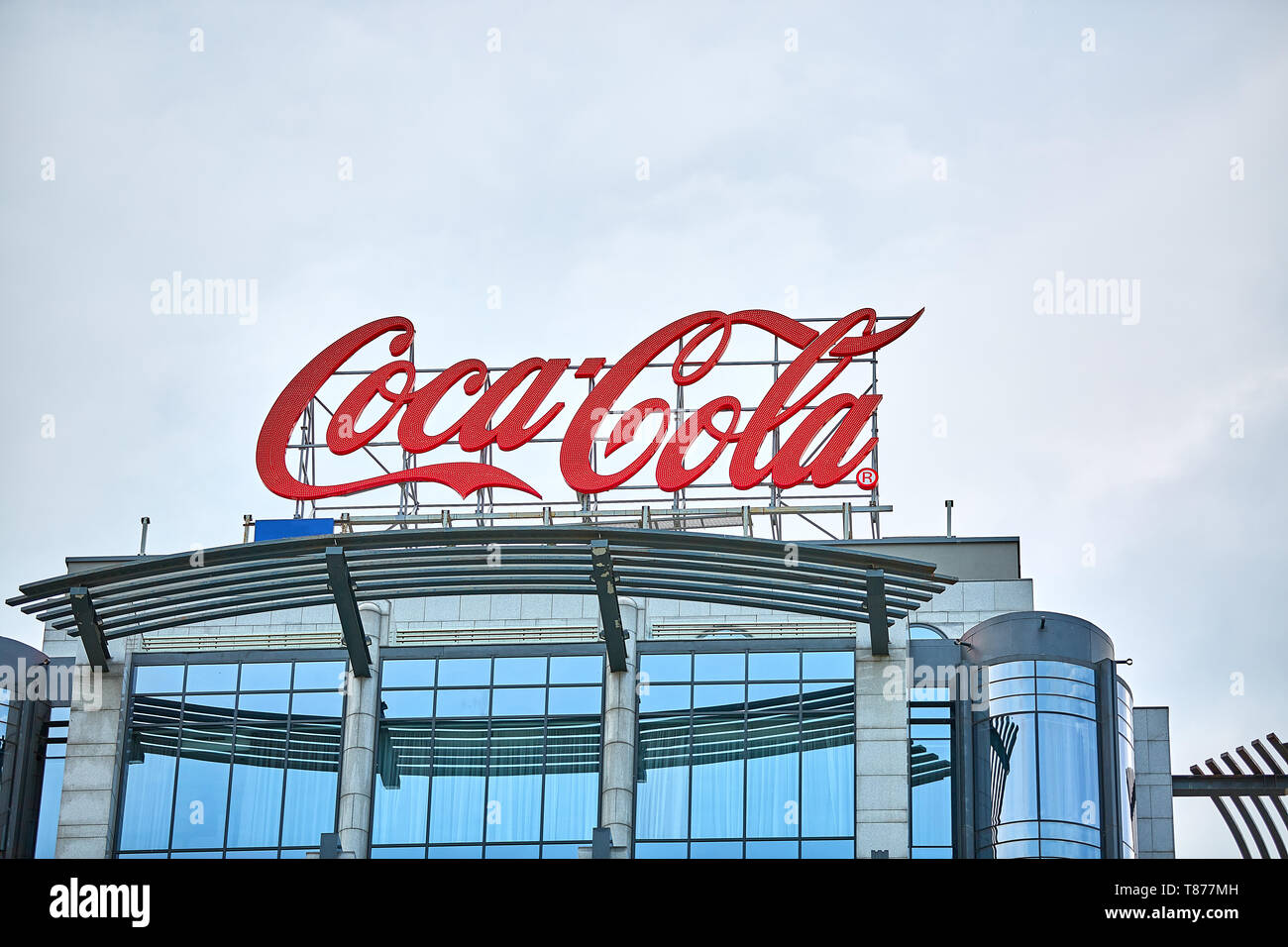 Moscow, Russia, May 8, 2019. Coca-Cola advertising on the roof of a ...