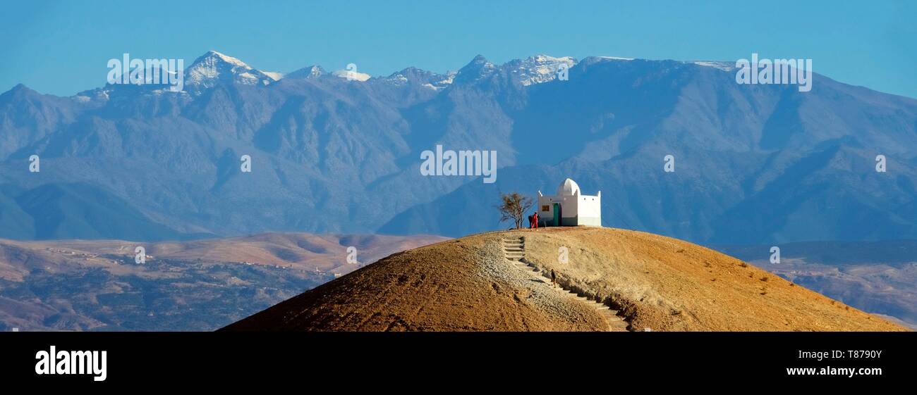 Morocco, High Atlas, Agafay, Agafay desert, Marabout shrine on a hill ...