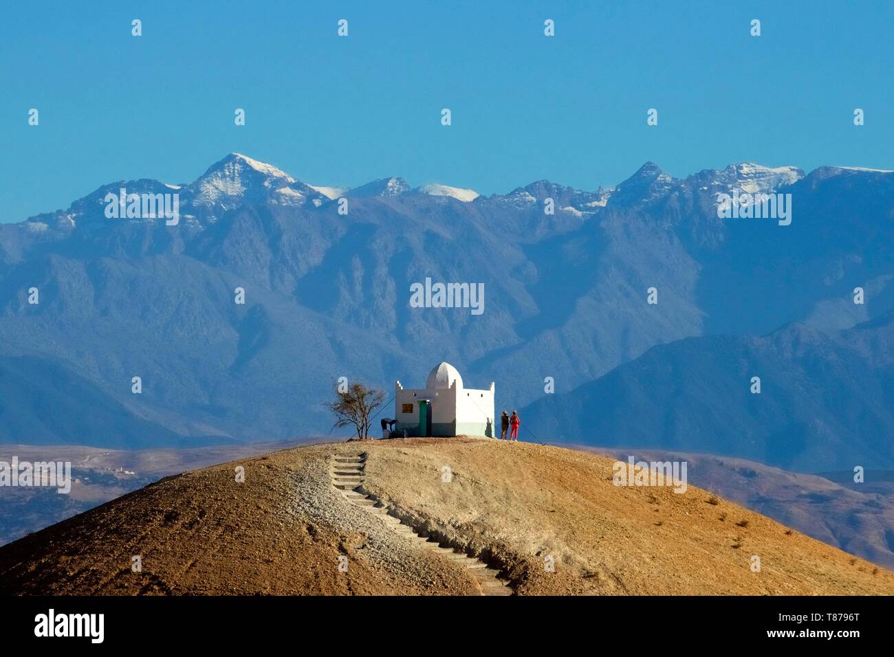 Morocco, High Atlas, Agafay, Agafay desert, Marabout shrine on a hill ...