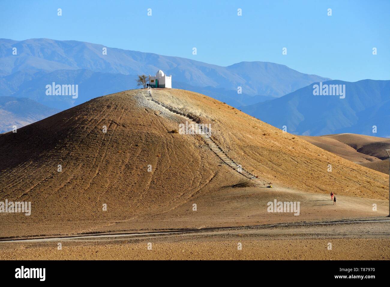 Morocco, High Atlas, Agafay, Agafay desert, Marabout shrine on a hill ...