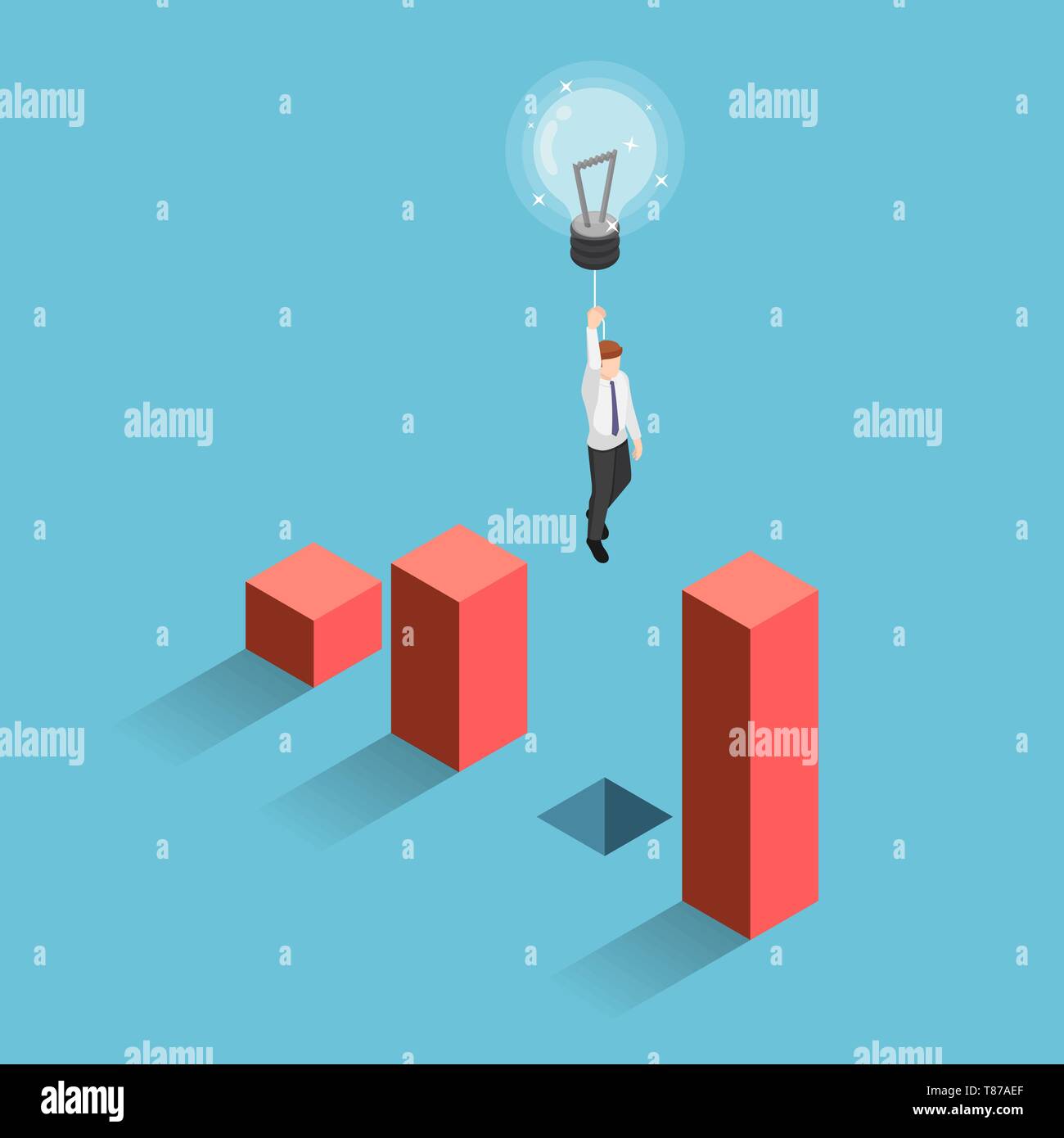 Flat 3d isometric businessman use lightbulb balloon to flying over ...