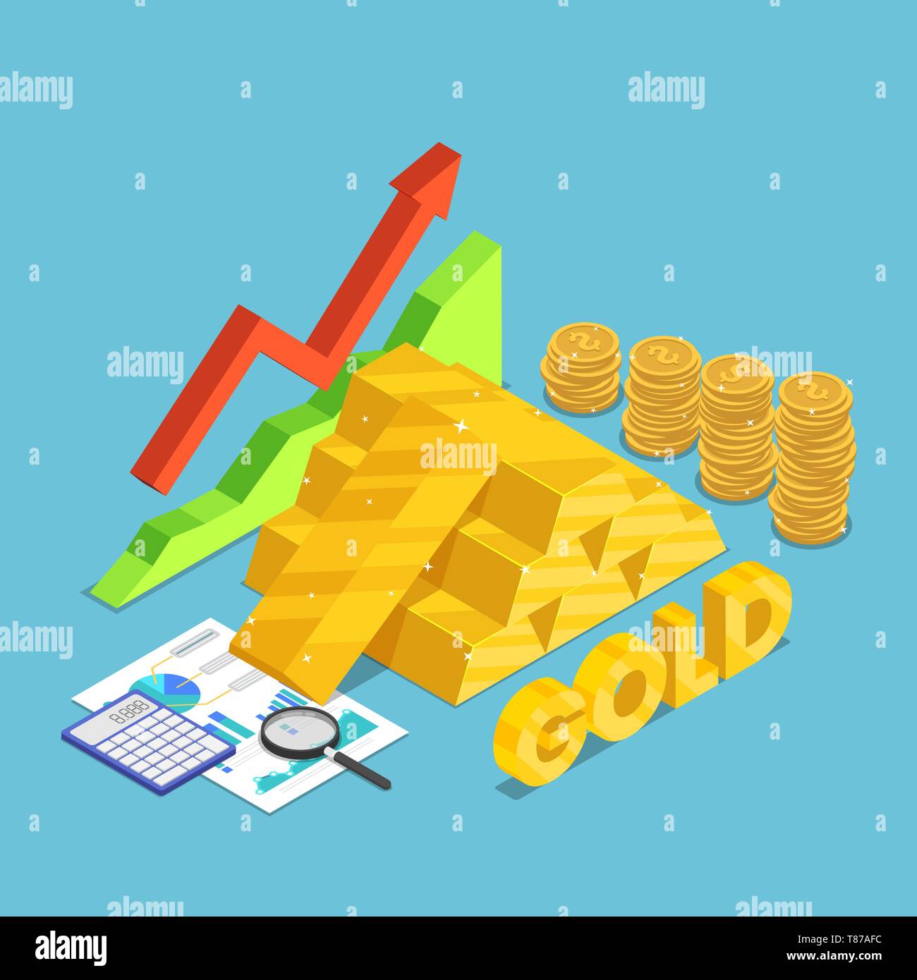 Flat 3d isometric gold bar with rising stock market graph, dollar coins ...
