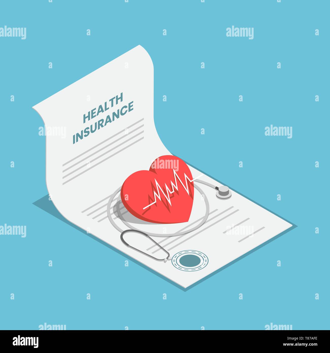 Flat 3d isometric heart and stethoscope on health insurance contract ...