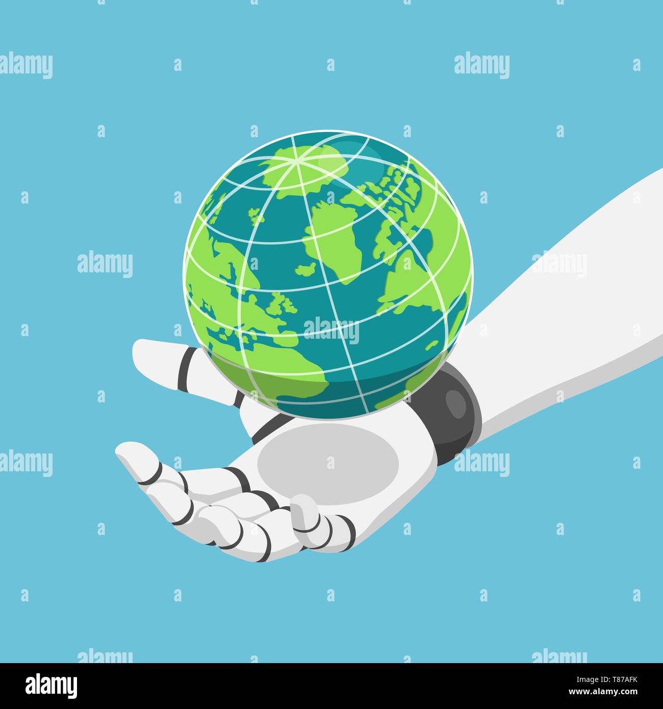 Flat 3d isometric robot hand holding the world or planet earth. Ai or ...