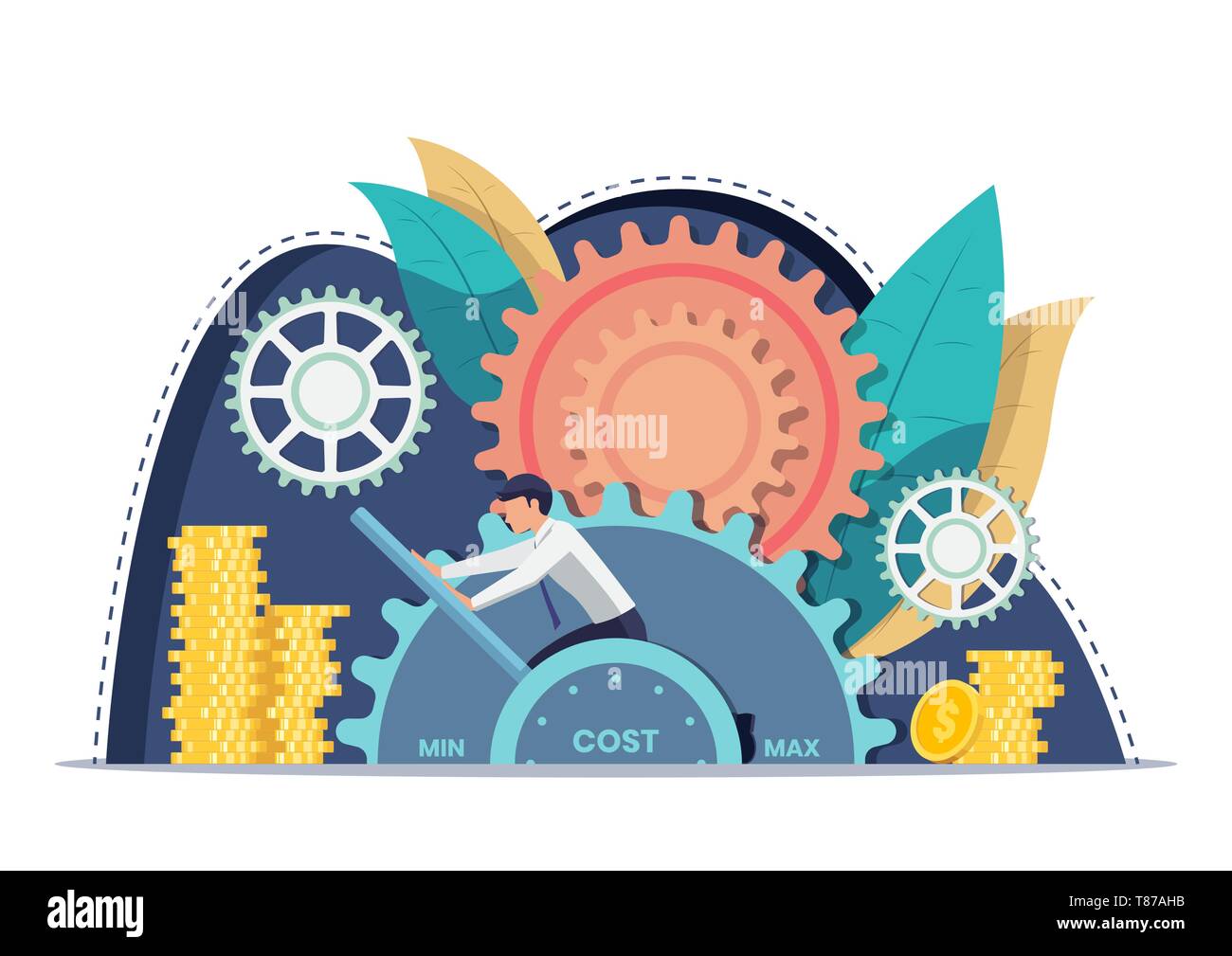 Businessman setting cost lever on minimum position. Cost reduction and ...