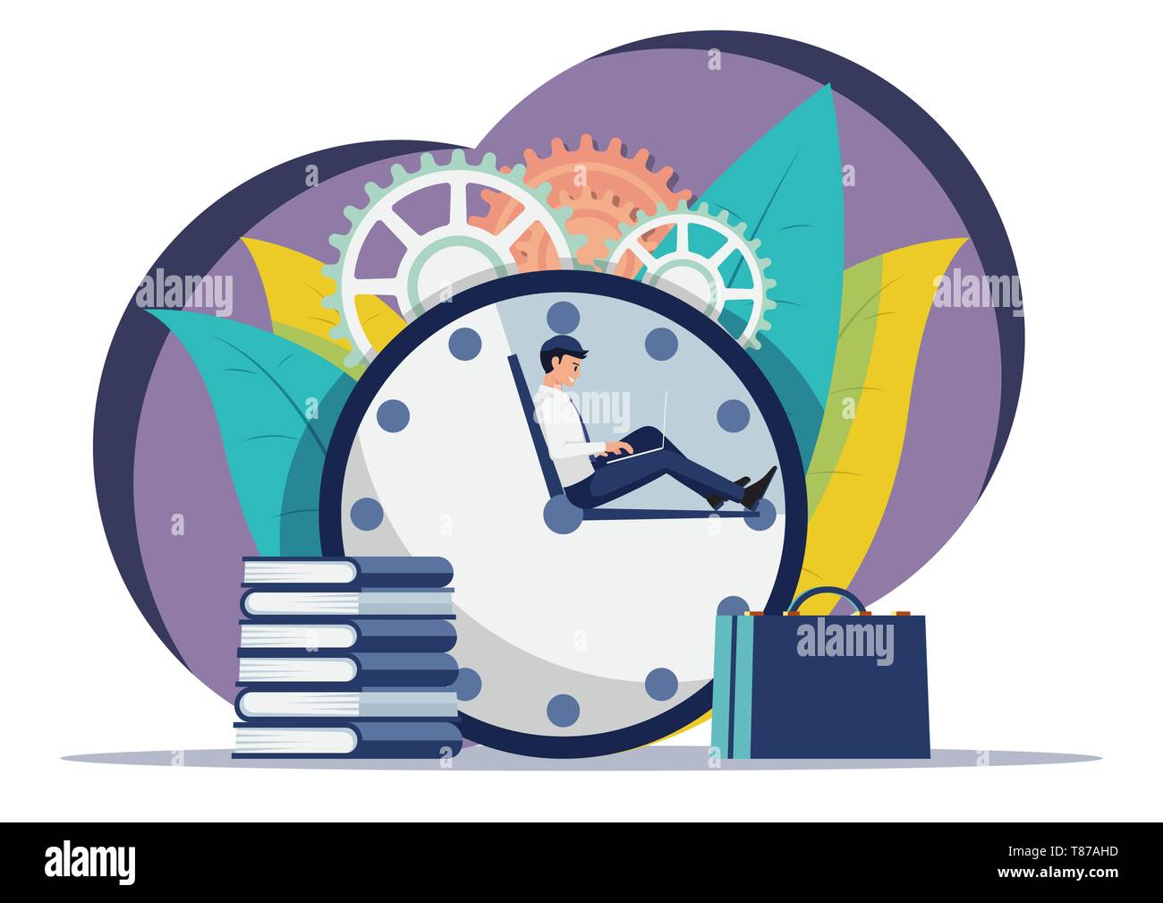 Businessman working on laptop while sitting on clock hand. Time ...