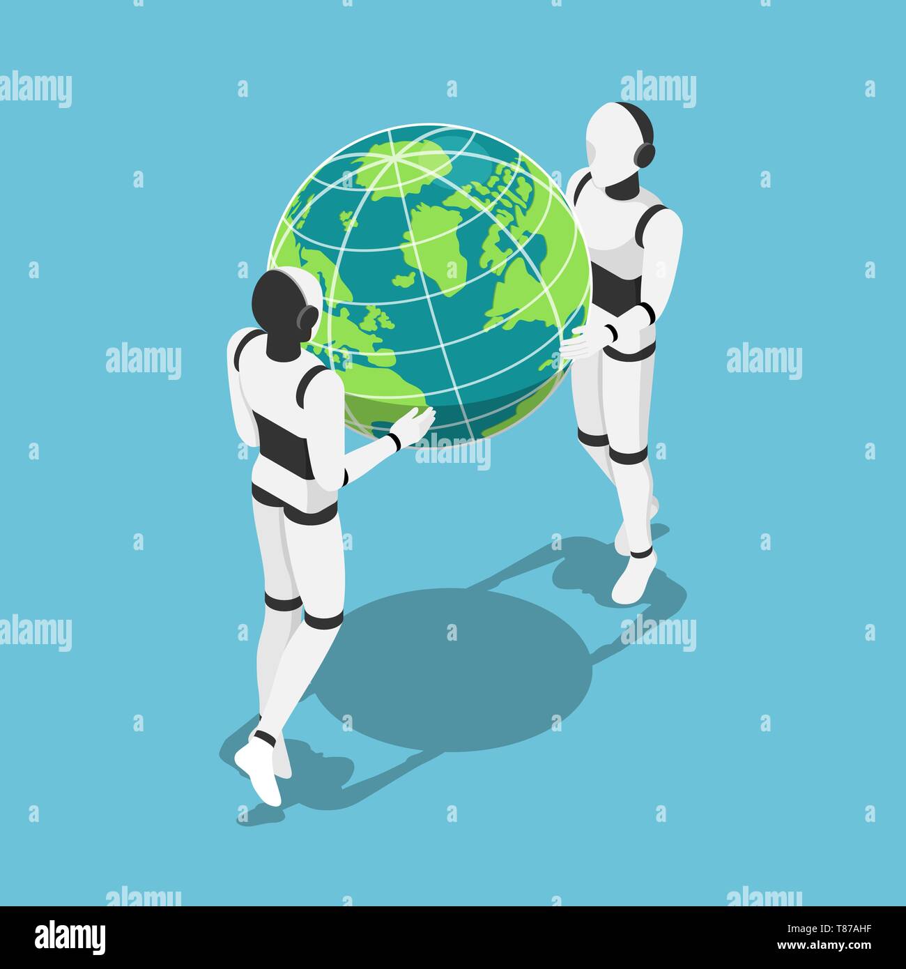 Flat 3d isometric Ai robot holding earth planet in hands. Artificial intelligence technology ...