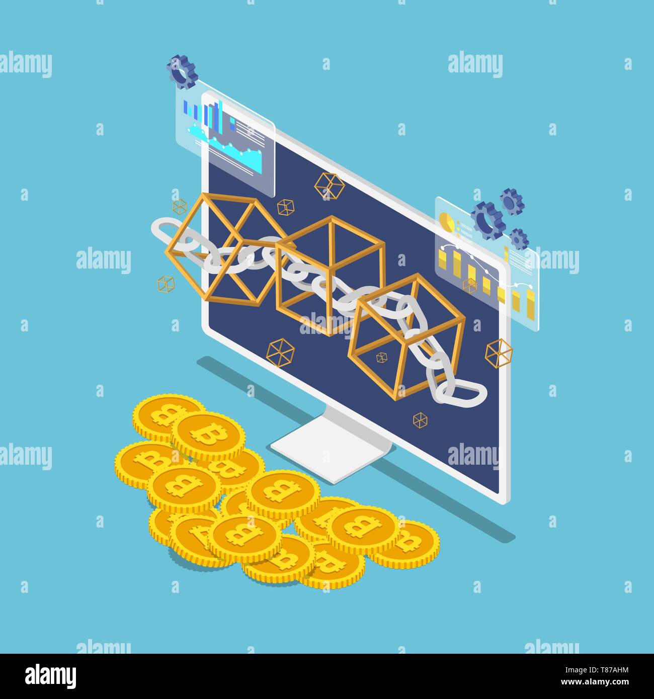 Flat 3d isometric blockchain symbol on monitor and bitcoin. Blockchain ...