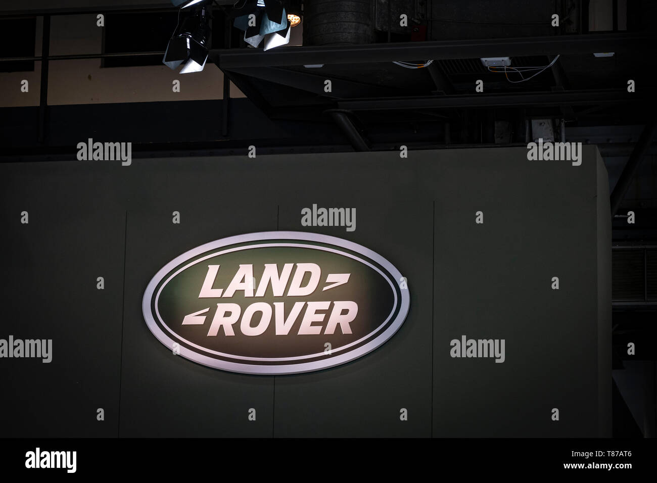 The brand logo of the car manufacturer Land Rover seen during the event ...