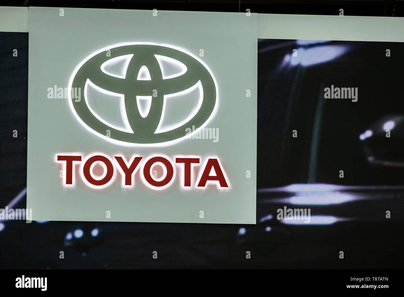 The brand logo of the car manufacturer Toyota seen during the event ...