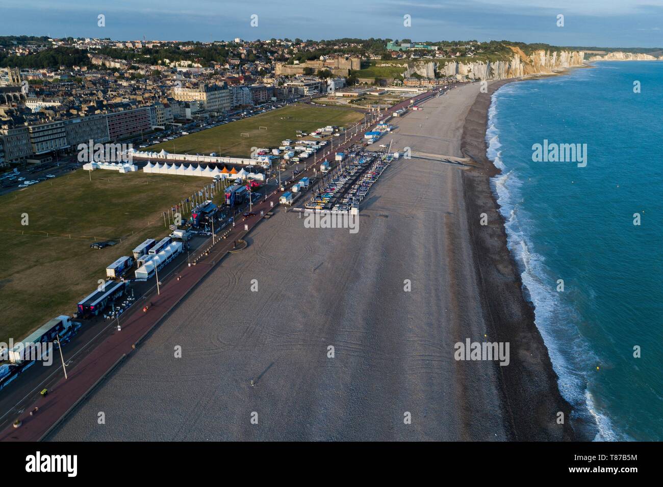 France, Seine Maritime, the city, cliffs and beach of Dieppe (aerial ...