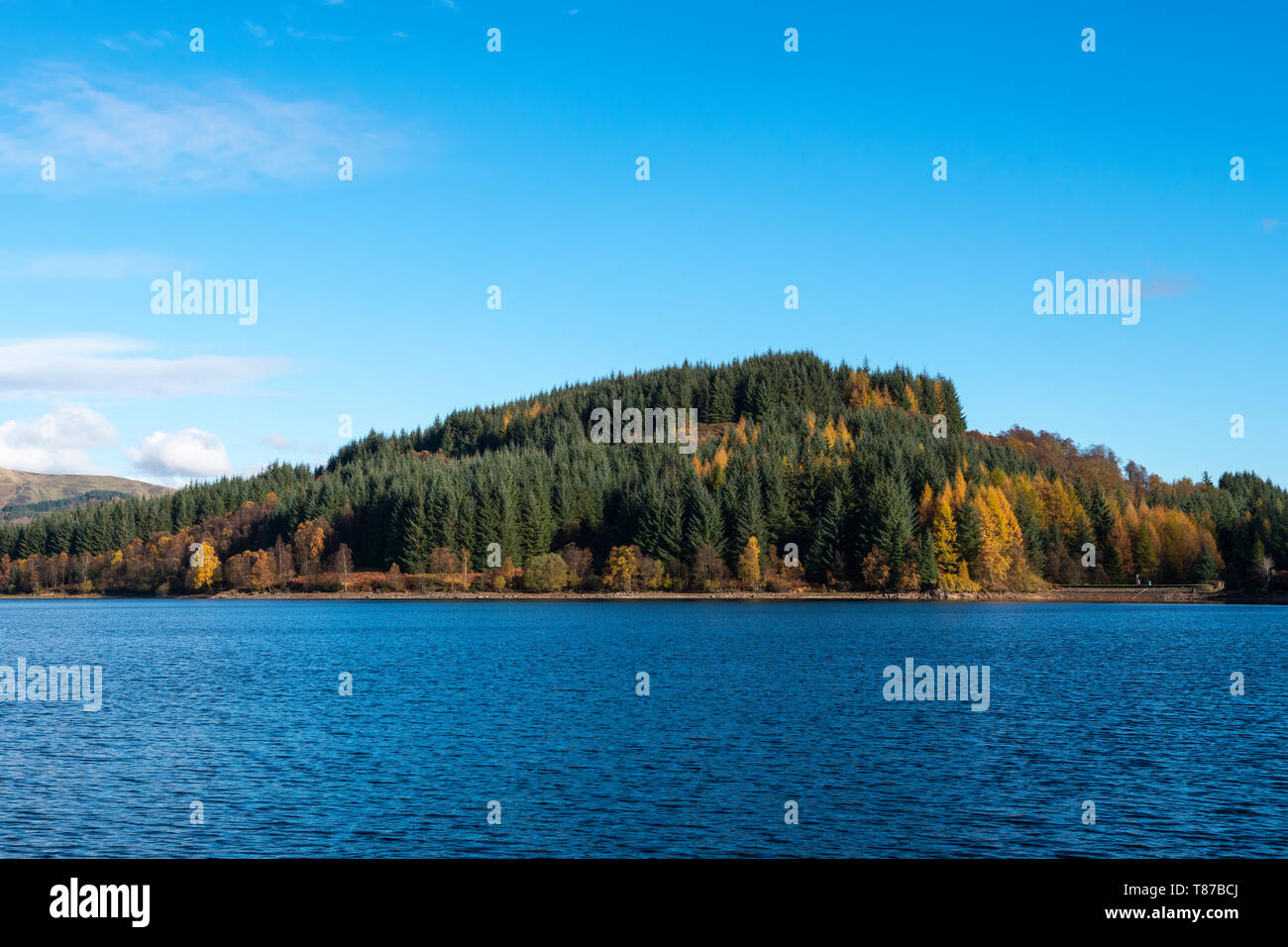 View across Loch Drunkie on the Achray Forest Drive in the Trossachs ...