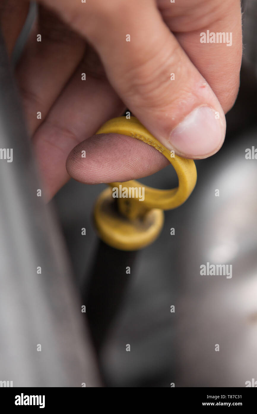 A car oil dipstick used to check the car oil in the engine Stock Photo ...