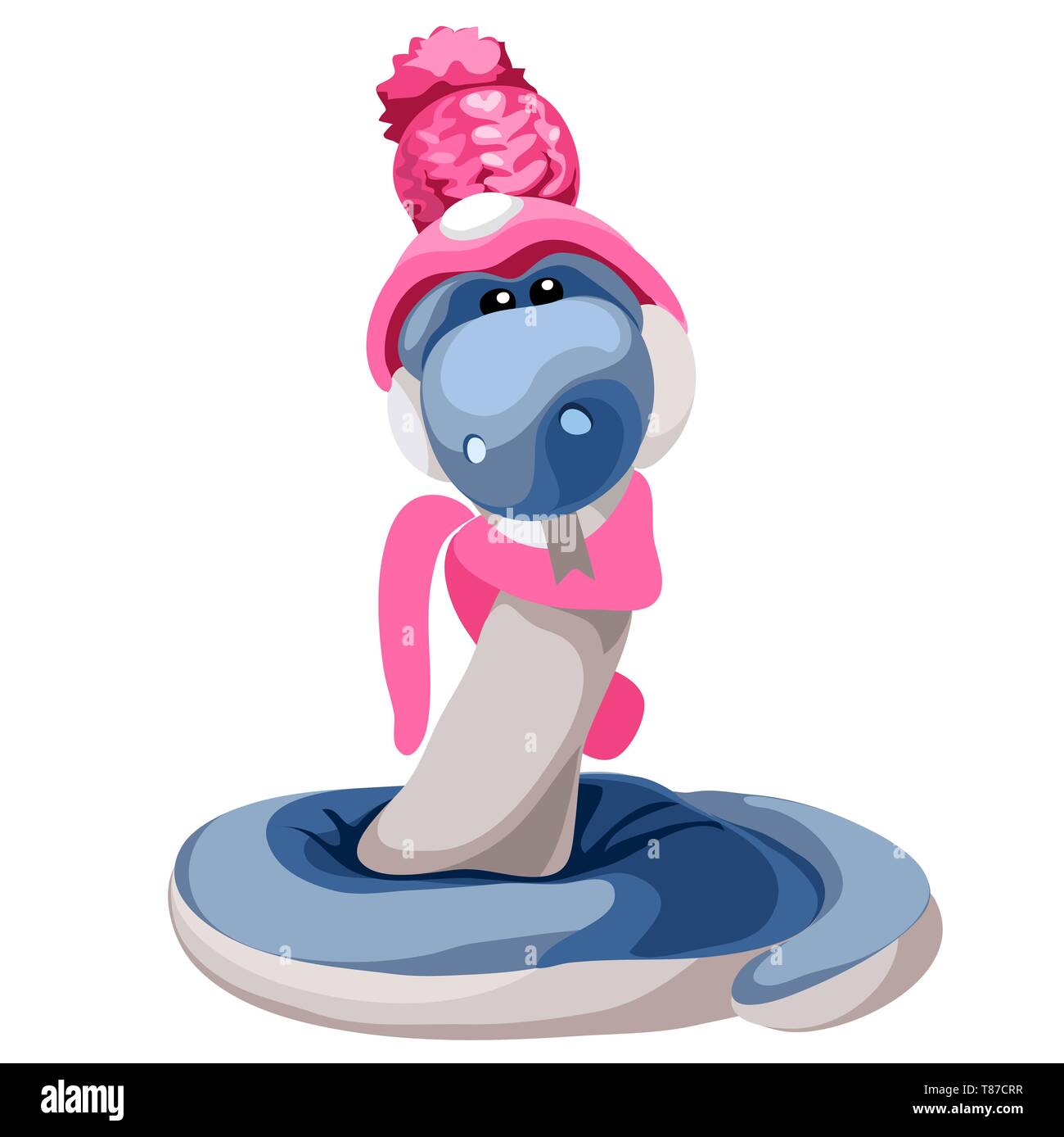 Soft plush snake toy with knitted hat isolated on white background. Vector cartoon close-up ...