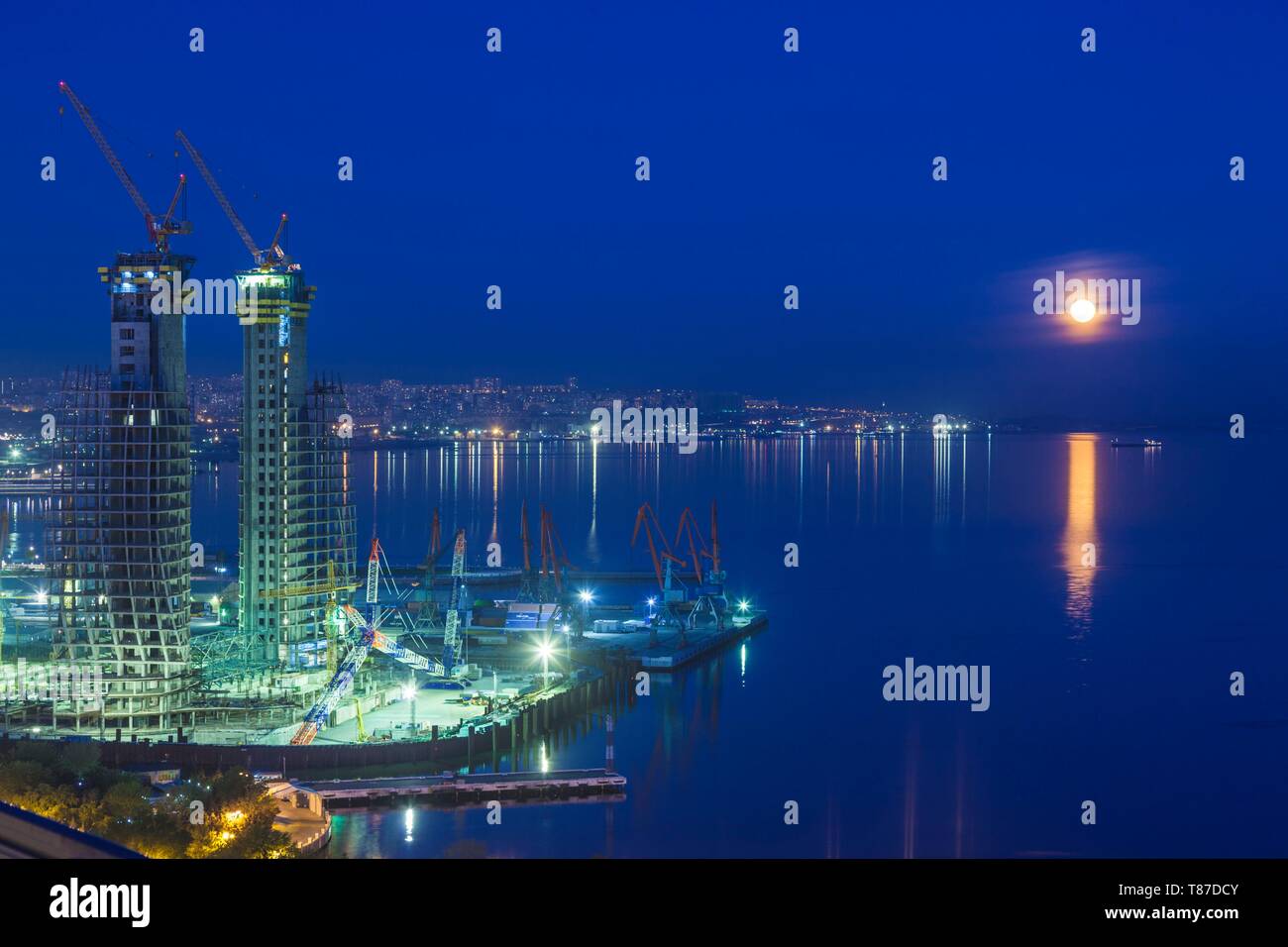 Azerbaijan, Baku, high angle skyline of the Port of Baku and Crescent ...