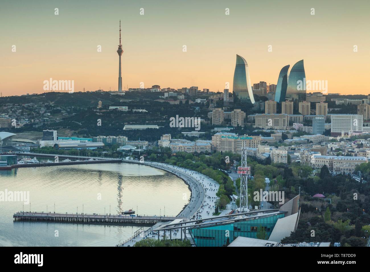 Azerbaijan, Baku, high angle city skyline, from the north, dusk Stock ...