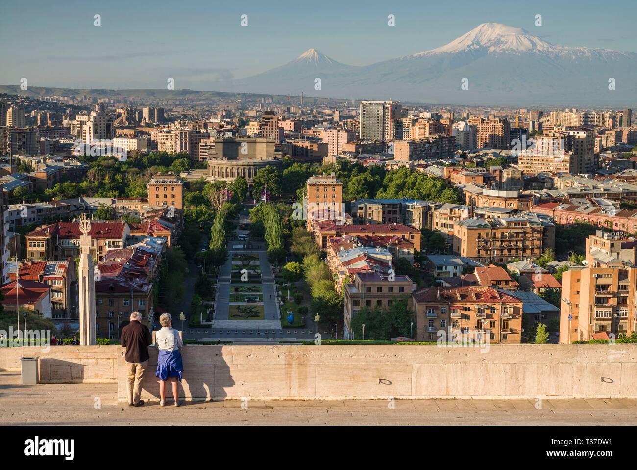 Armenia, Yerevan, The Cascade, high angle view of the city and Mt ...