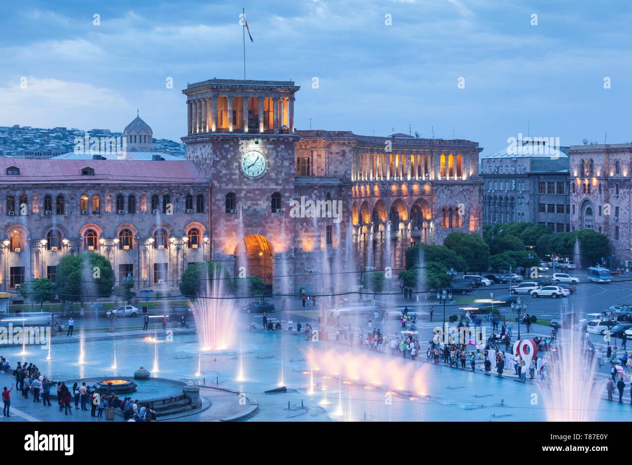 Armenia, Yerevan, Republic Square, dancing fountains, dusk Stock Photo ...