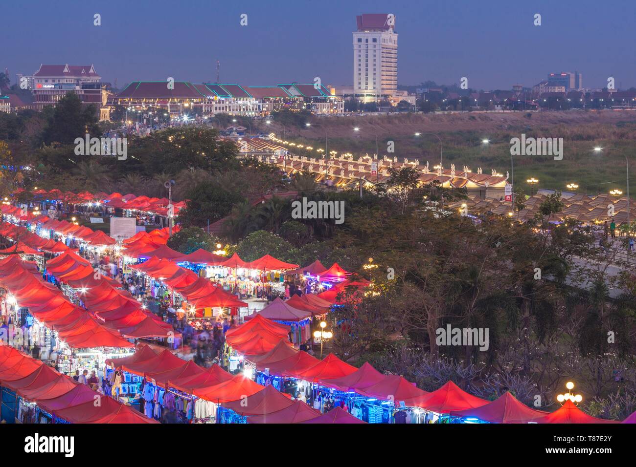 Laos, Vientiane, Mekong Riverfront Night Market, high angle view, dusk ...