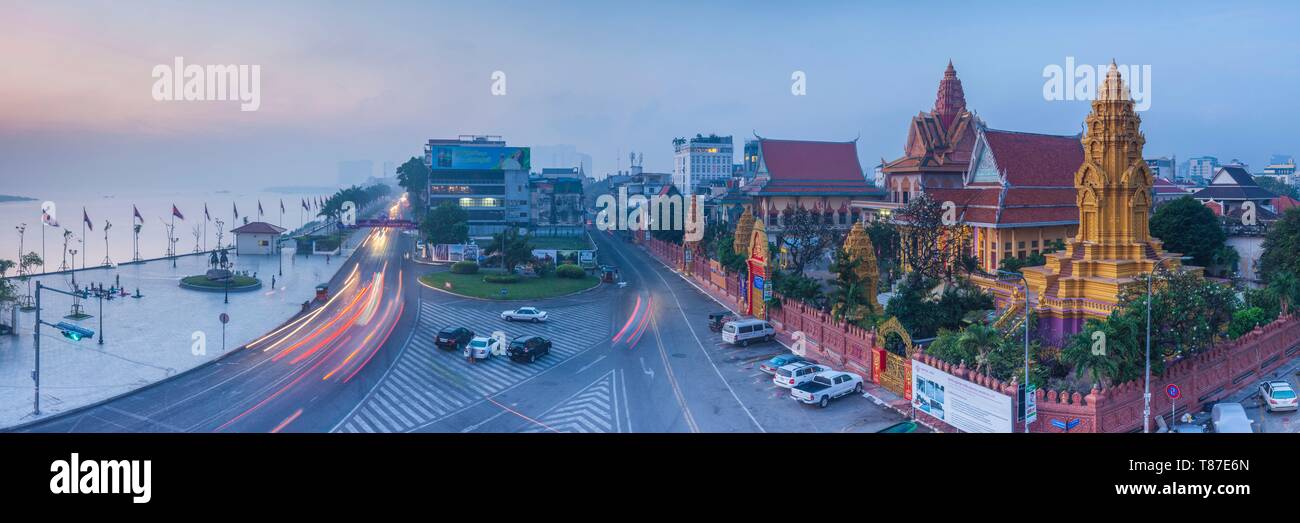 Cambodia, Phnom Penh, Sisowath Quay traffic, elevated view, dawn Stock ...