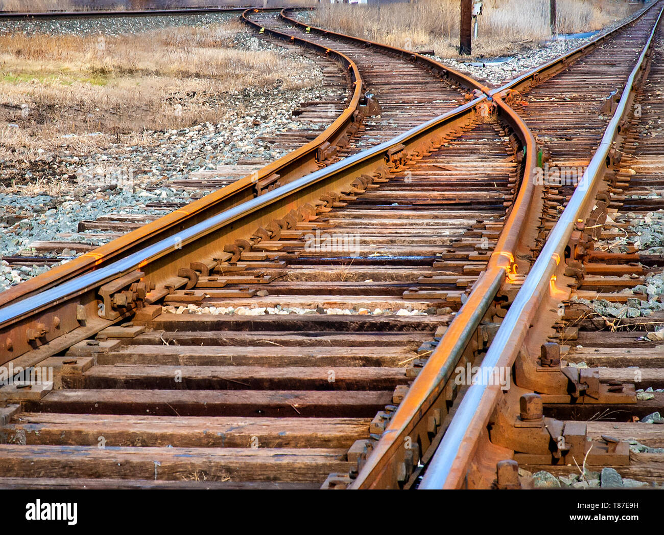 Main line train track switches and yard Stock Photo - Alamy