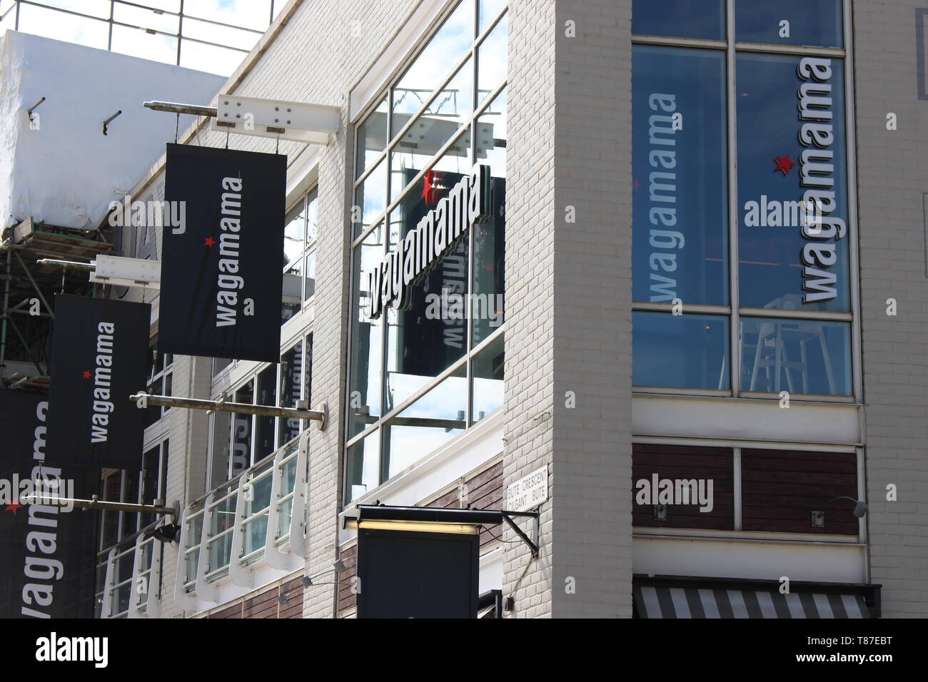 10 May 2019: Cardiff Bay, Cardiff UK: Wagamama in Cardiff Bay, with ...