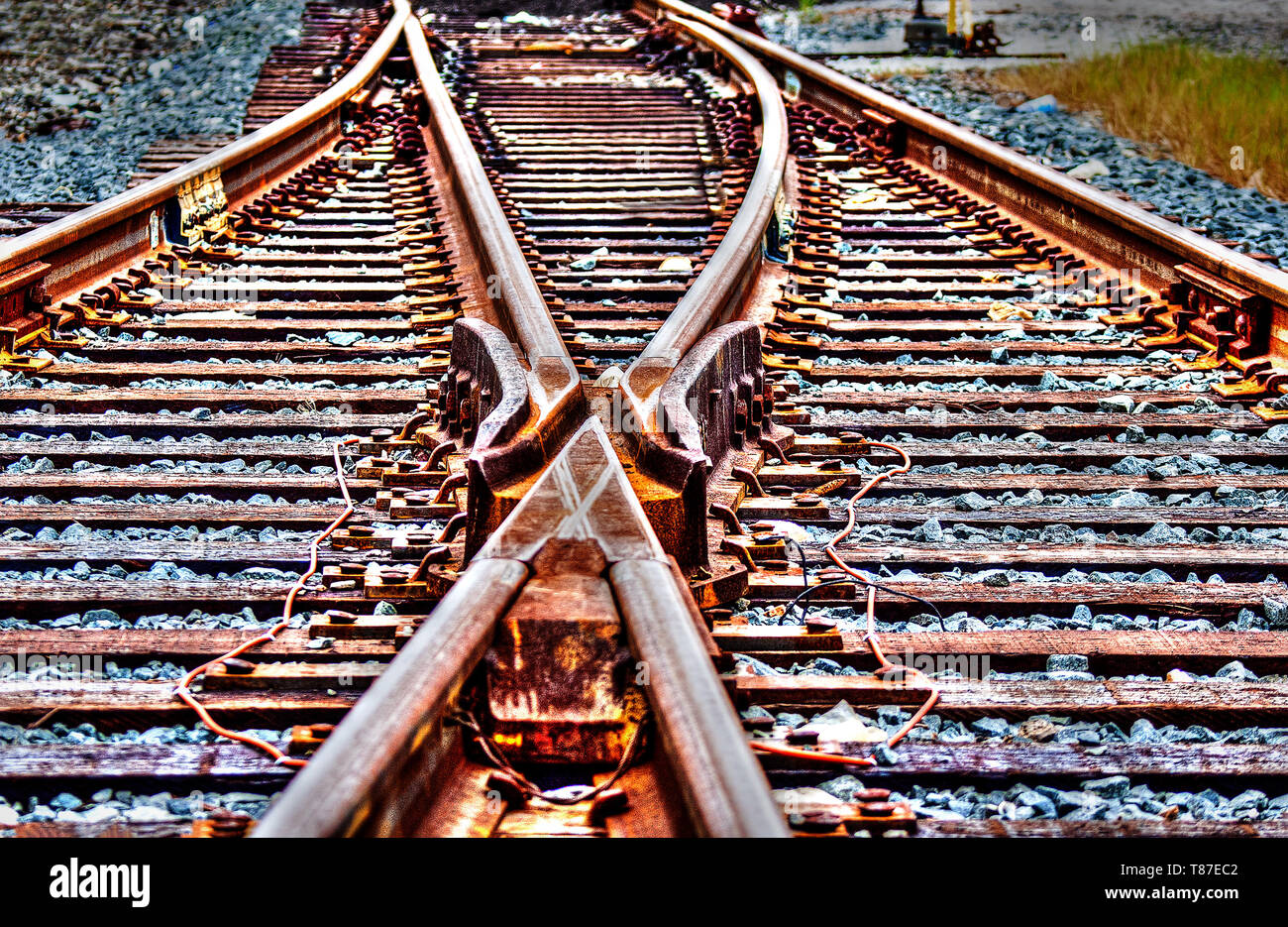 Main line train track switches and yard Stock Photo - Alamy