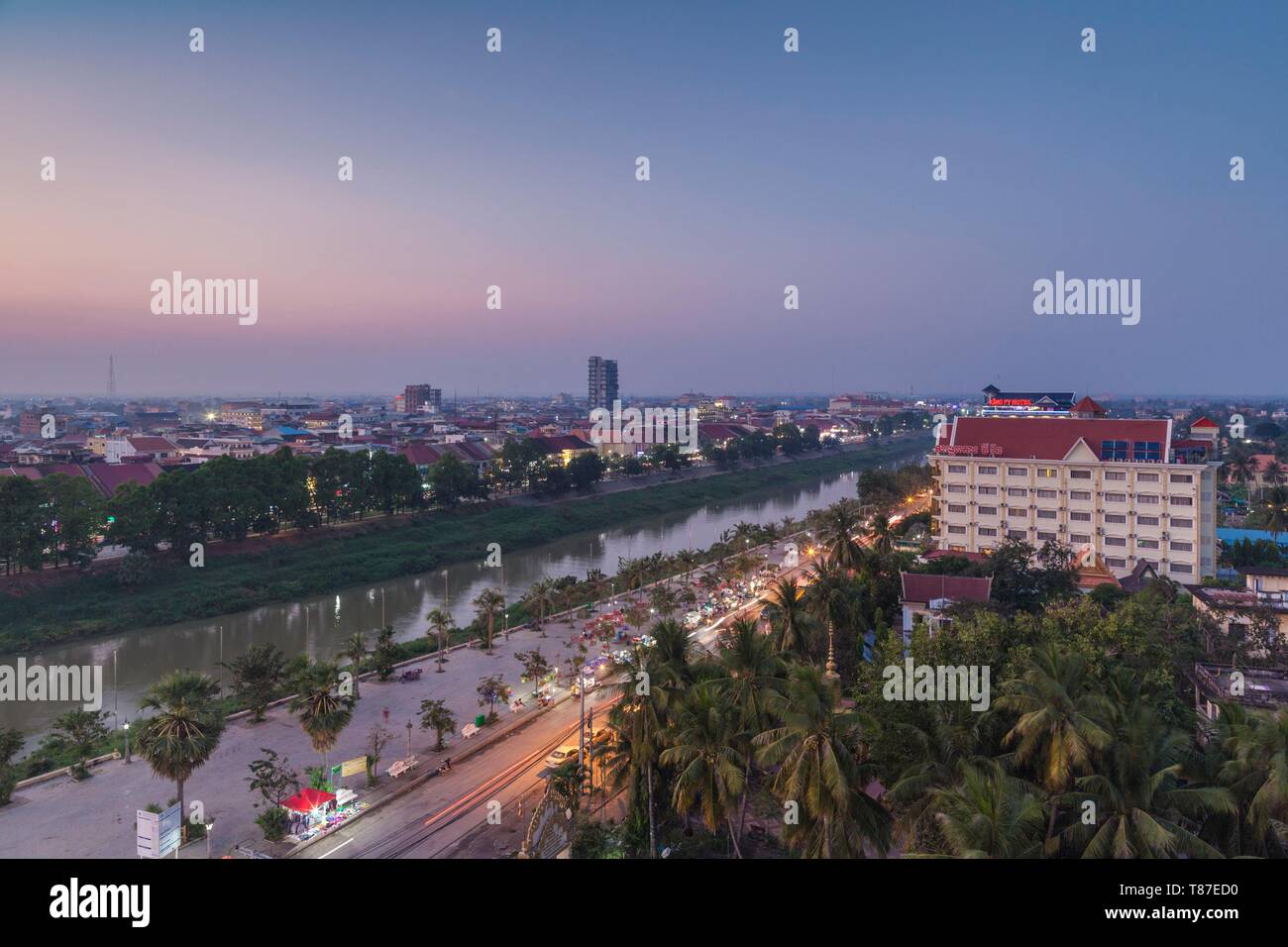 Cambodia, Battambang, elevated city view above Riverside Road, dusk ...