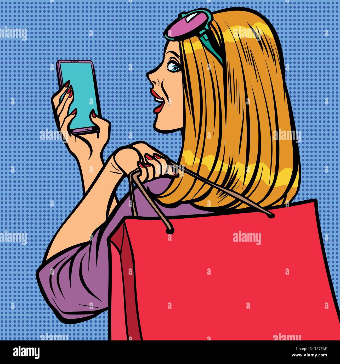 woman buyer online sale. Comic cartoon pop art illustration vintage ...