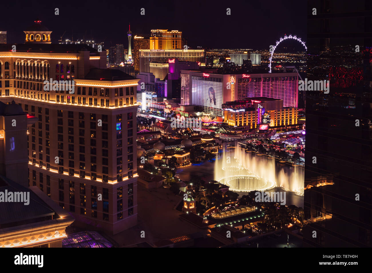 View from the Vdara hotel of the Bellagio fountains and Las Vegas strip ...