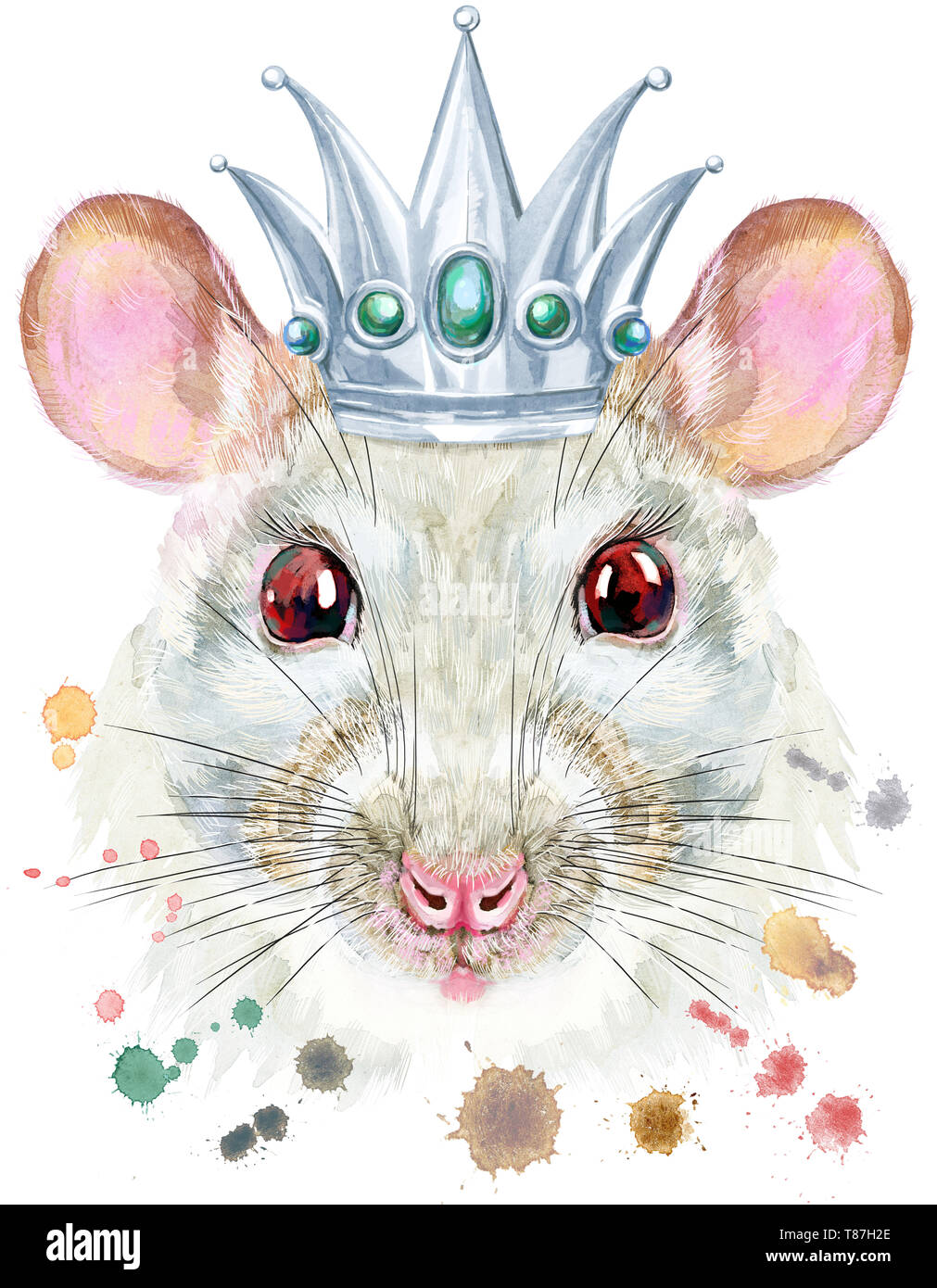 Watercolor portrait of white rat with silver crown and splashes Stock ...