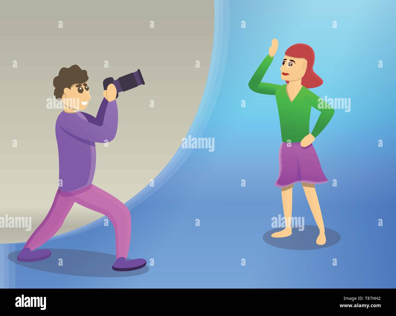 Man take photo session woman concept banner. Cartoon illustration of ...