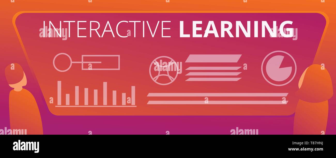 Interactive learning concept banner. Cartoon illustration of ...