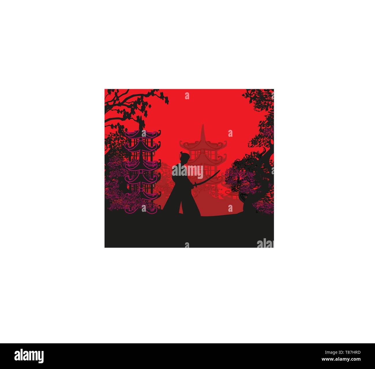 Japanese Samurai Fighter, abstract landscape in sunset Stock Vector ...